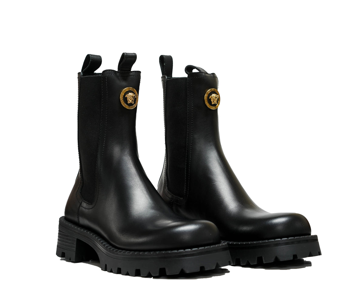 Versace Women's Black Leather Boot with Gold Logo 1012040 30% OFF ...