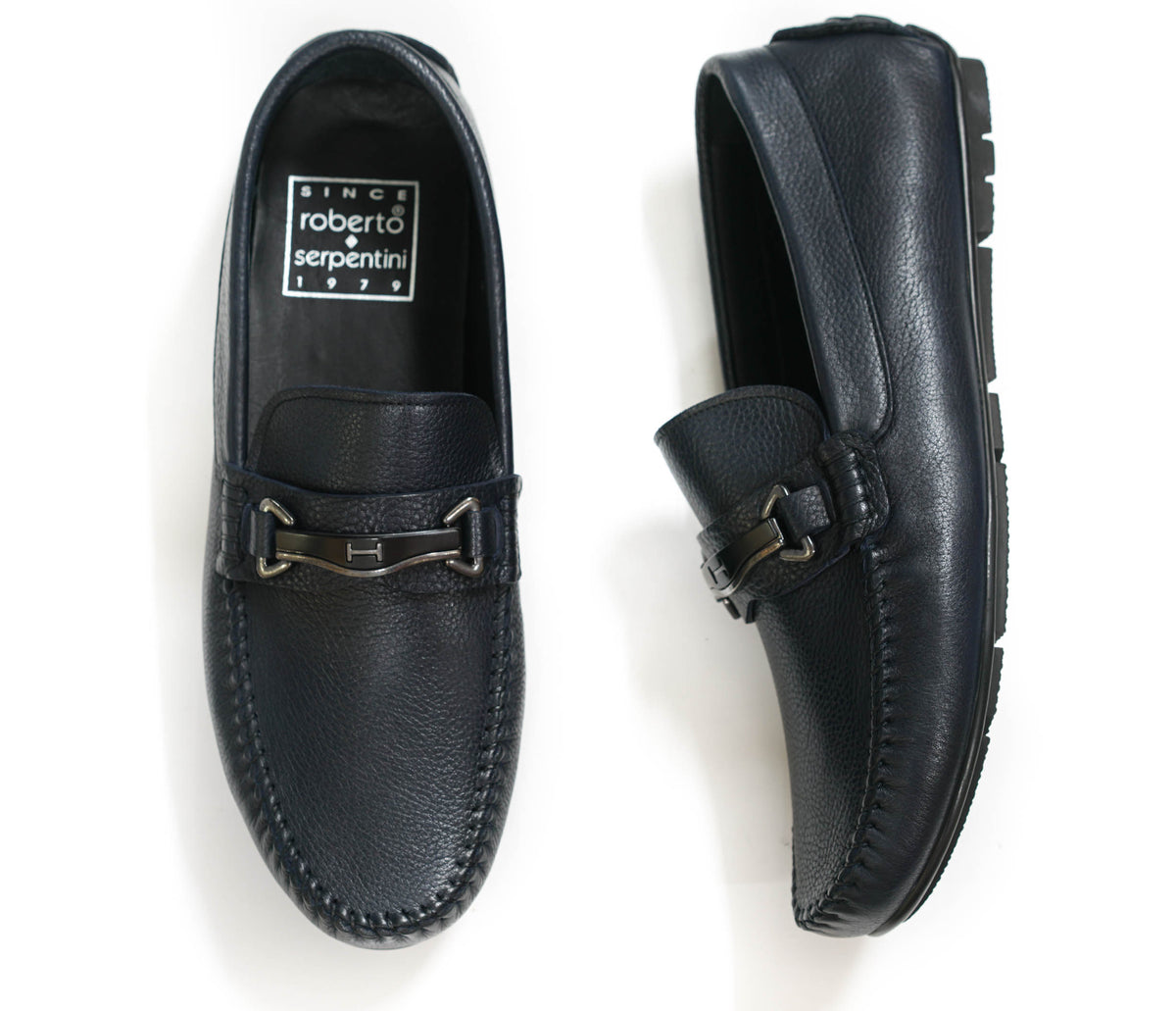 Roberto Serpentini Men's Navy Leather Loafer with Navy Bar Detail M544 ...