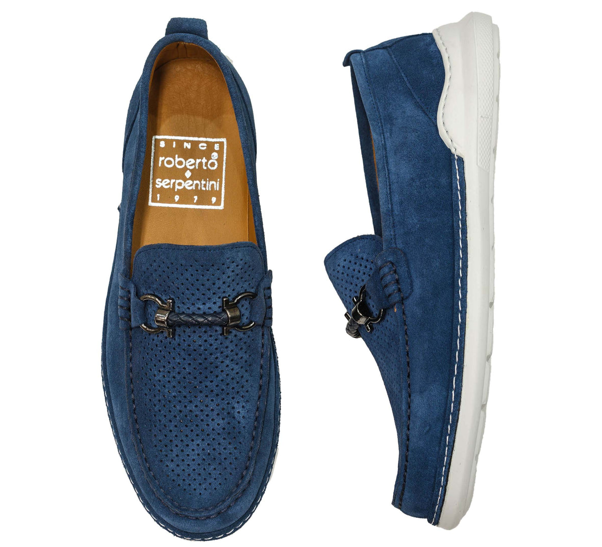Roberto Serpentini Men's Blue Suede Perforated Moccasin 1808 40% off ...